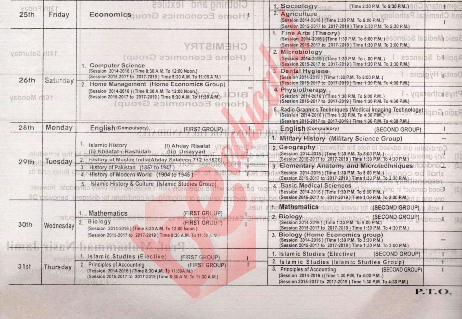 12th Class Date Sheet 2019 Lahore Board Fsc Ics Icom Fa Inter Part 2
